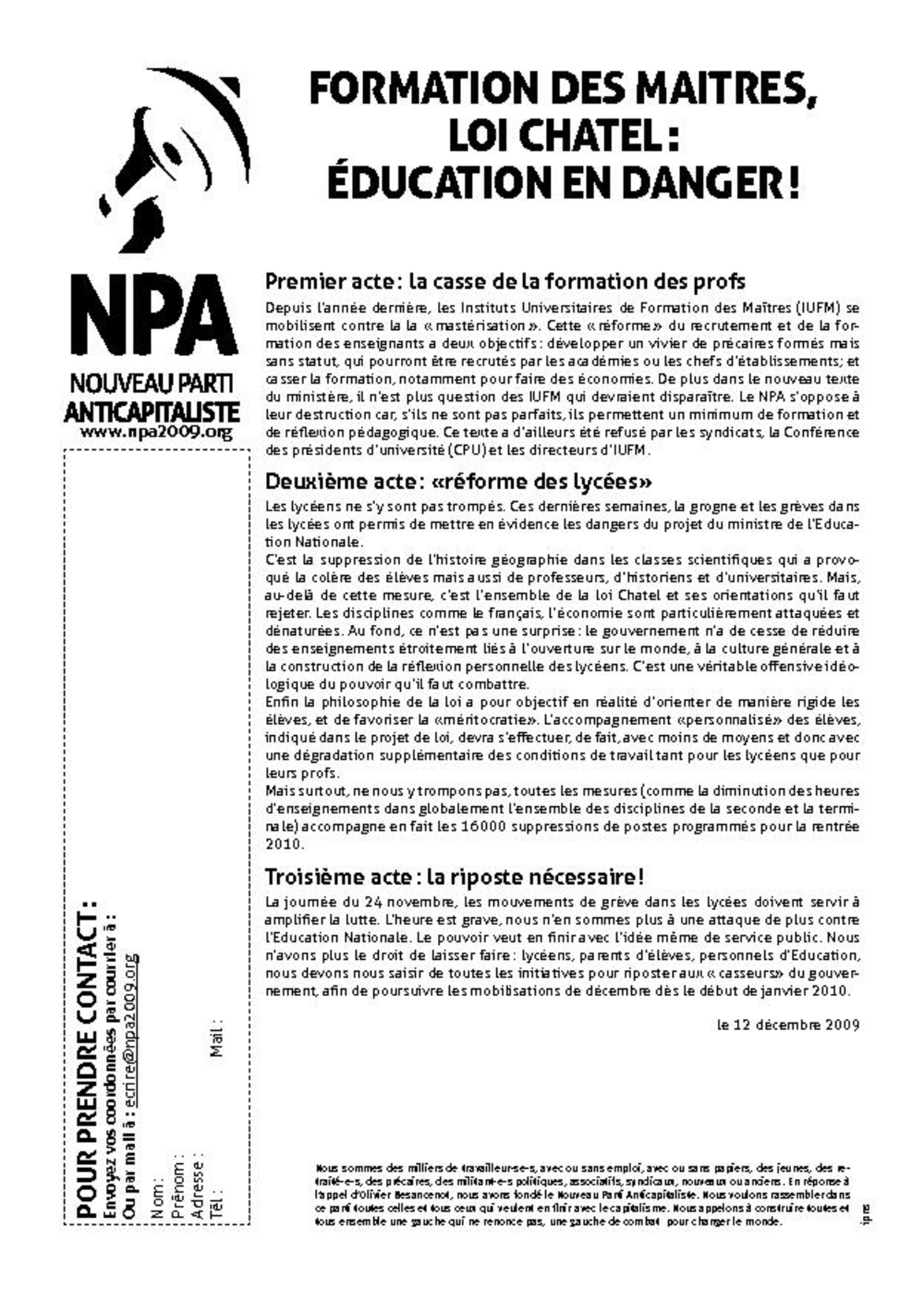 Tract hebdo du 15 décembre : formation des maîtres, loi Chatel ...