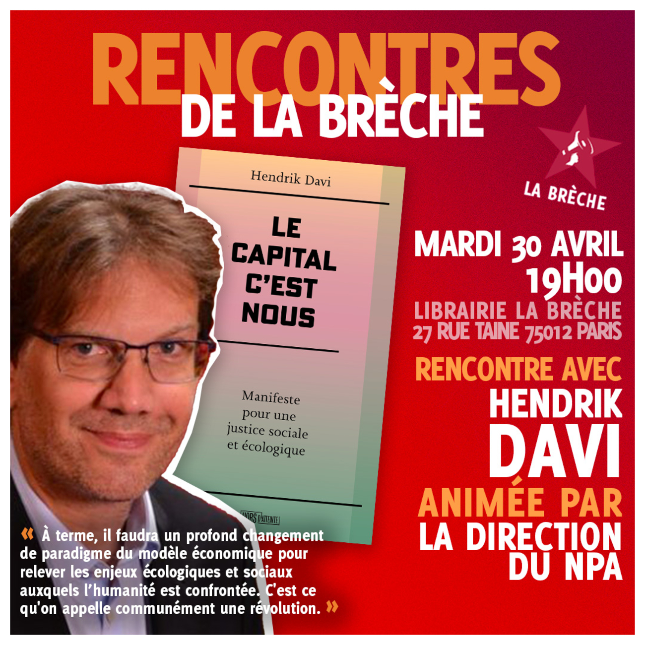 Paris - Rencontres de La Brèche avec Hendrik Davi | NPA